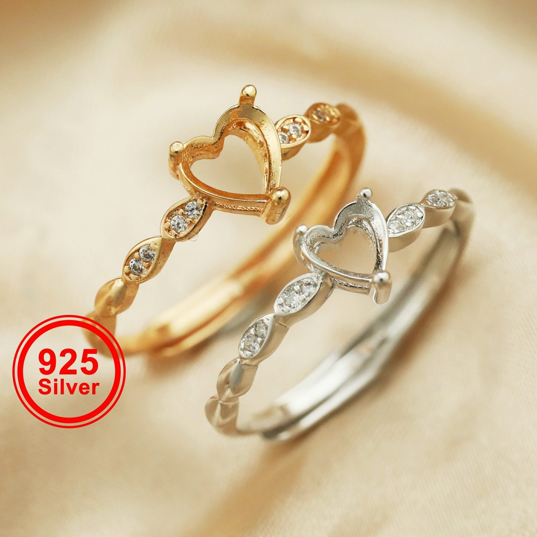 Heart Prong Ring Settings Art Deco Solid 925 Sterling Silver Rose Gold ...