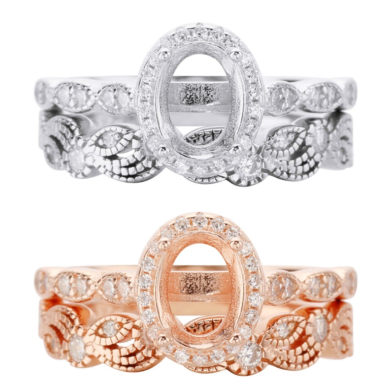 6x8mm Halo Oval Prong Ring Settings Art Deco Cathedral Solid 925 ...