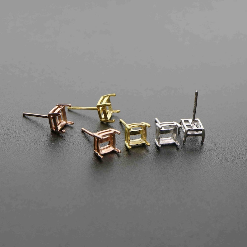 1pair 4-6MM Square Solid 925 Sterling Silver Rose Gold Tone DIY Prong ...
