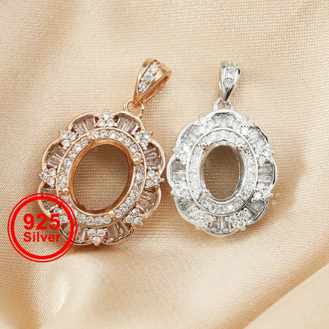 Art Deco Oval Pendant Settings Solid 925 Sterling Silver Rose Gold ...