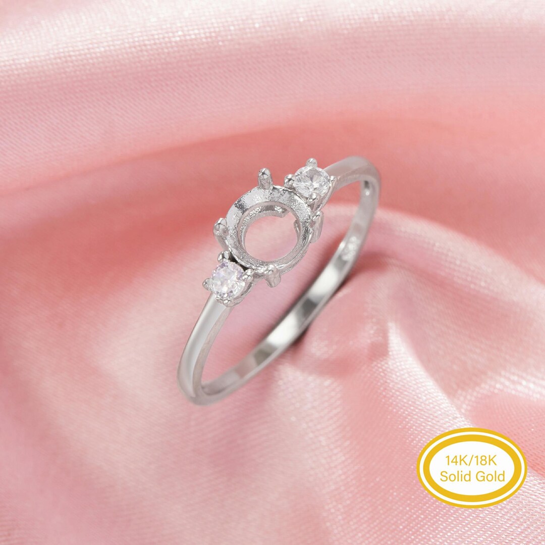 Three Stones Round Prong Ring Settings,solid 14K 18K Gold Ring With Two ...