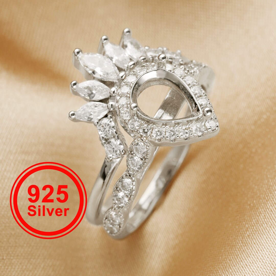 6x8mm Halo Pear Prong Ring Settings,stackable Solid 925 Sterling Silver Ring,art Deco Stacker ...