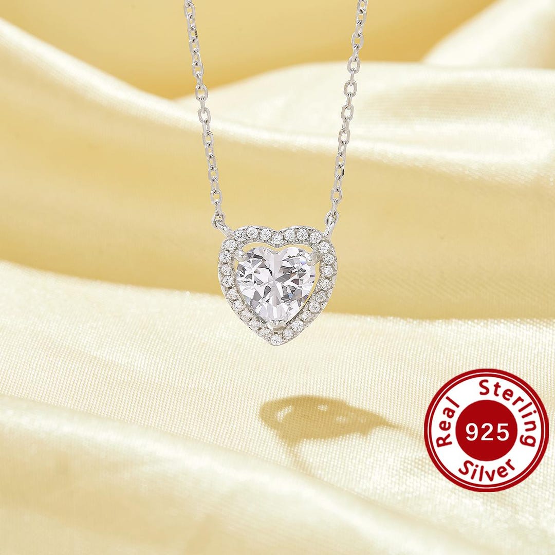 Halo Heart Pendant Necklace With 7MM Heart Cubic Zirconia,solid 925 ...