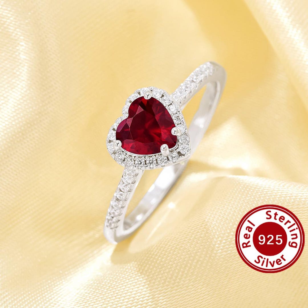 Dainty Halo Heart Simulated Ruby Ring With 6MM Heart Ruby,solid 925 ...