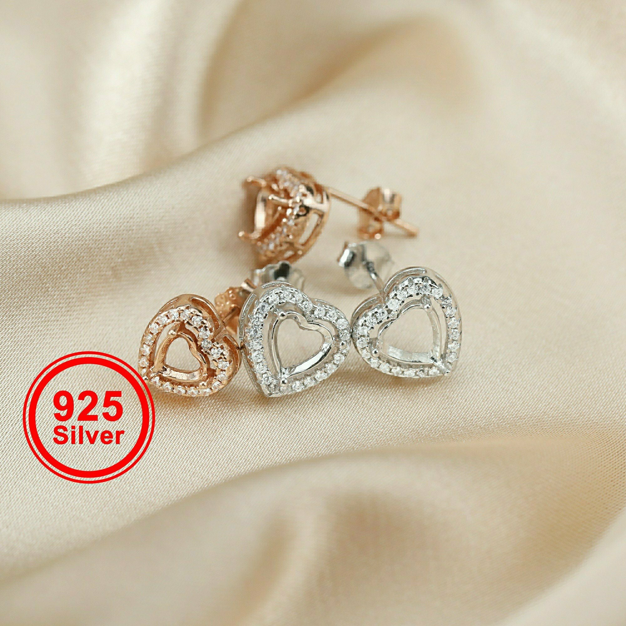1pair 5-6MM Rose Gold Plated Solid 925 Sterling Silver Heart Prong ...