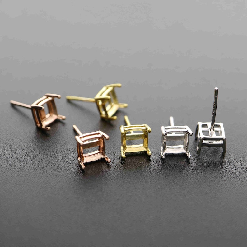 1pair 4-6MM Square Solid 925 Sterling Silver Rose Gold Tone DIY Prong ...