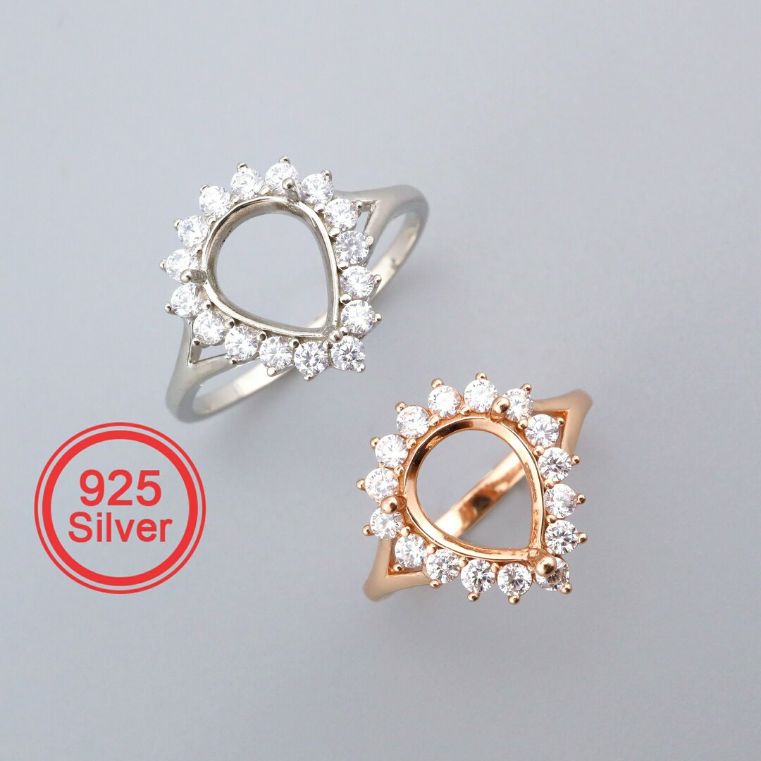 8x10mm Pear Halo Prong Ring Settings Solid 925 Sterling Silver Rose ...
