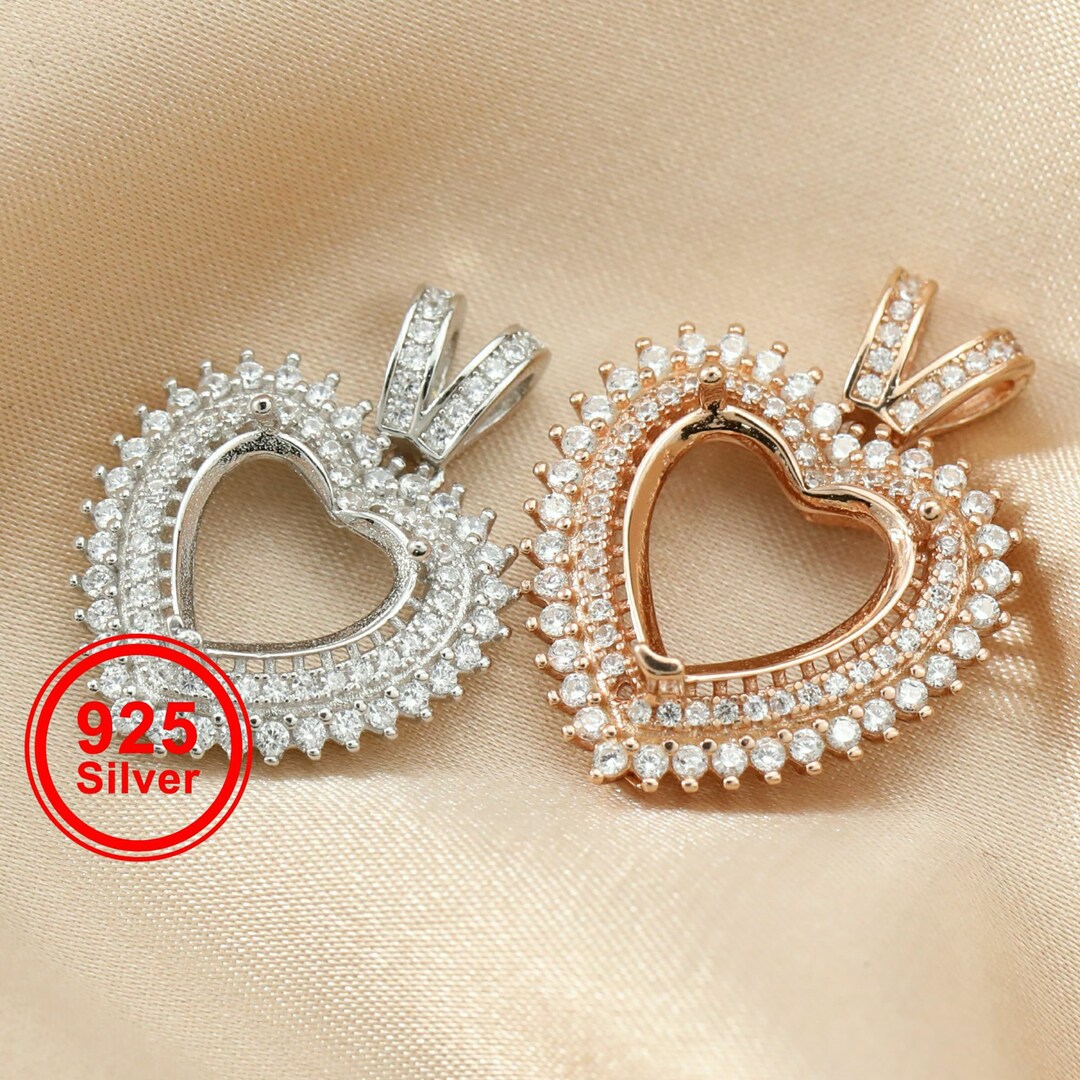 1pcs Heart Prong Pendant Settings Double Halo Rose Gold Plated Solid ...