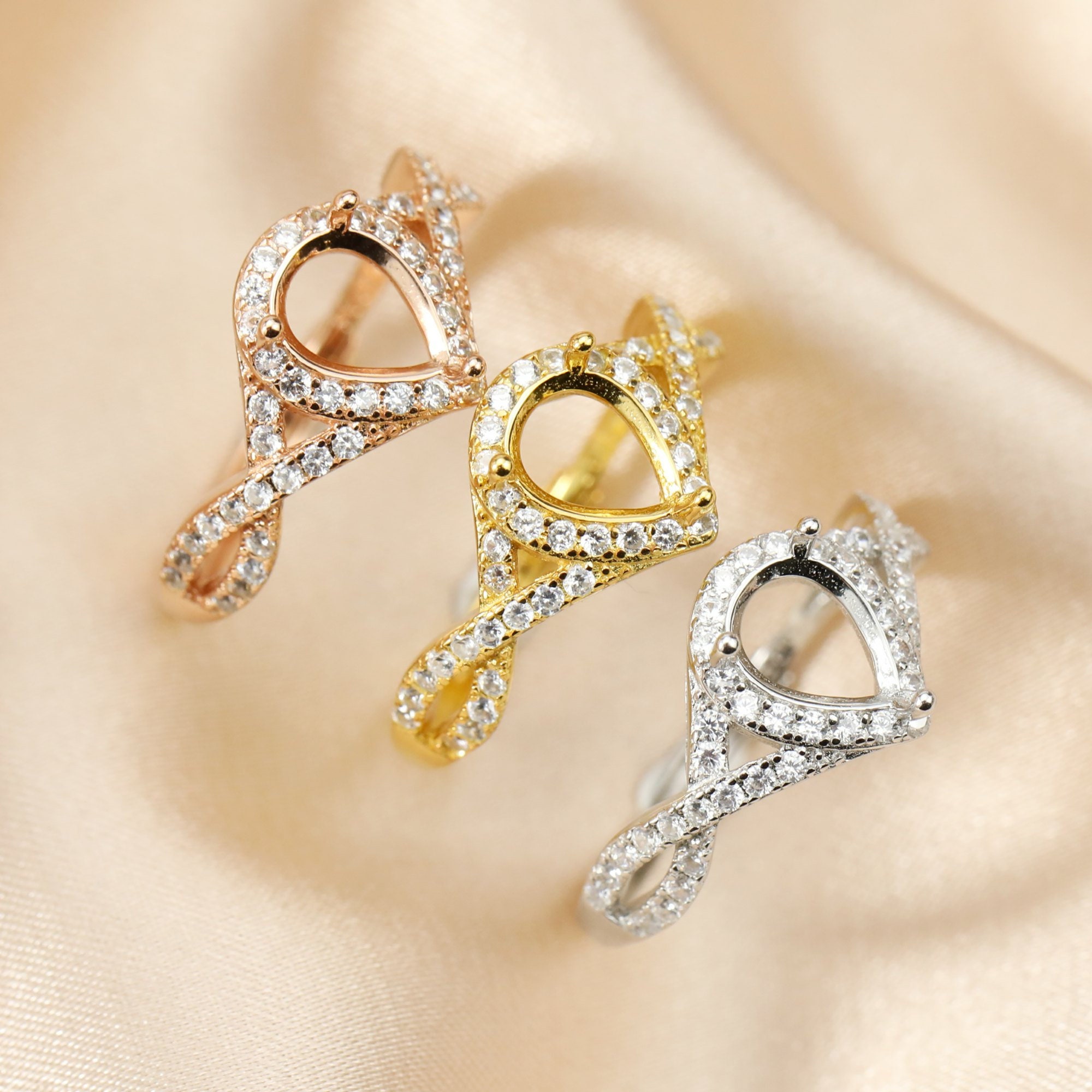 6x8mm Pear Prong Ring Blank Settings Infinity Bezel Solid 925 Sterling ...