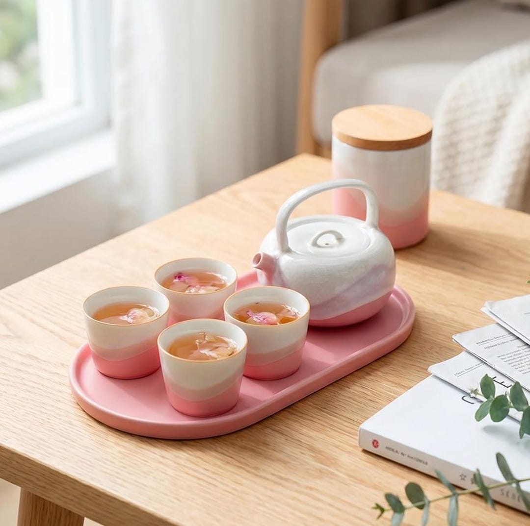 Pink Mountain Ceramic Tea Set: Teapot Cup Saucer Gift for Tea Lovers ...