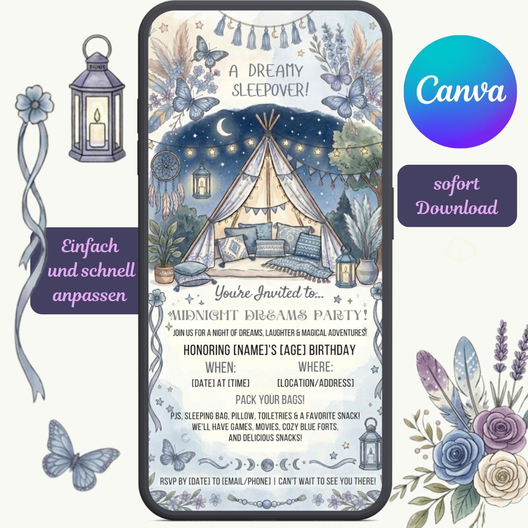 Digital Boho Sleepover Invitation Template, Sleepover Birthday Party ...