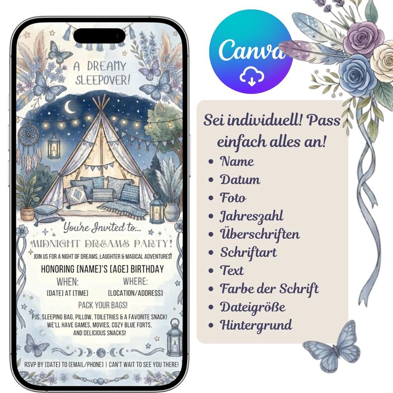 Digital Boho Sleepover Invitation Template, Sleepover Birthday Party ...