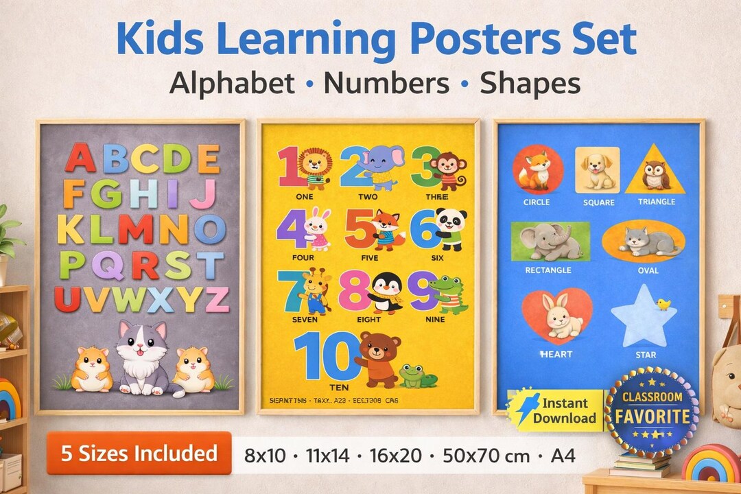 Kids Learning Posters Set, Alphabet Numbers Shapes Wall Art (digital ...
