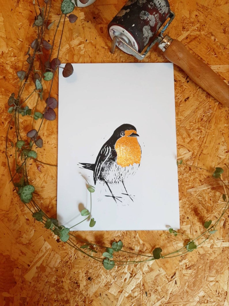 A5 Original Linocut Print of a Robin With Rose Gold Leaf Detailing - Etsy