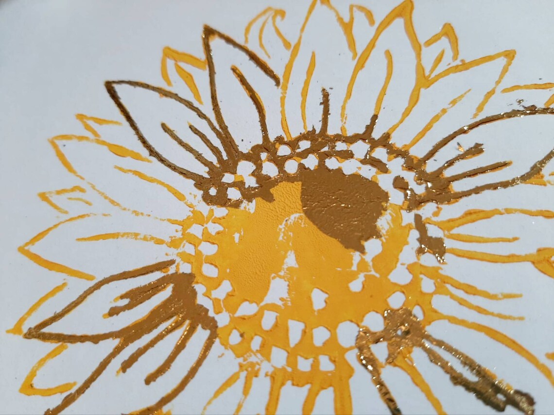 A5 Original Lino Cut Print. Sunflower With Gold Leaf Detailing. - Etsy