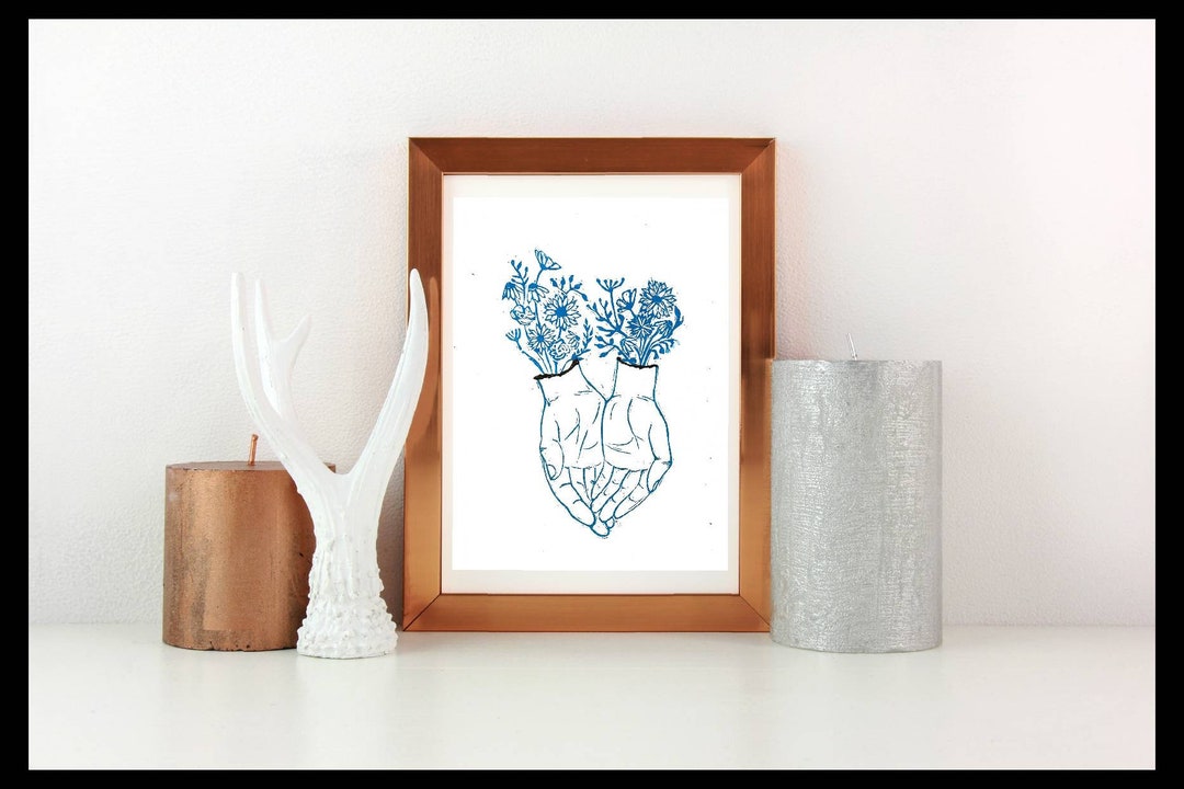 A5 Original Linocut Print. Hands With Flowers. - Etsy