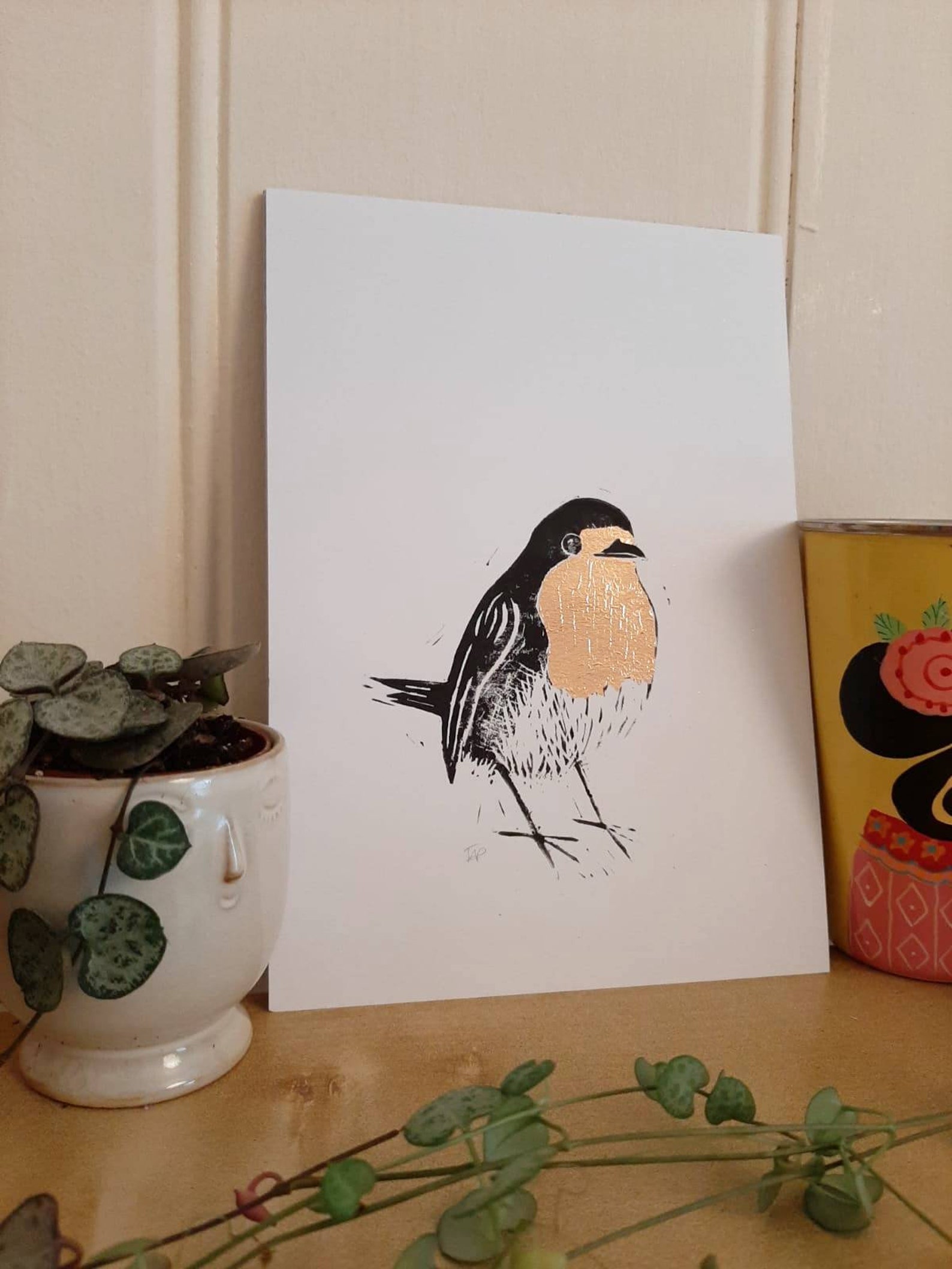 A5 Original Linocut Print of a Robin With Rose Gold Leaf Detailing - Etsy