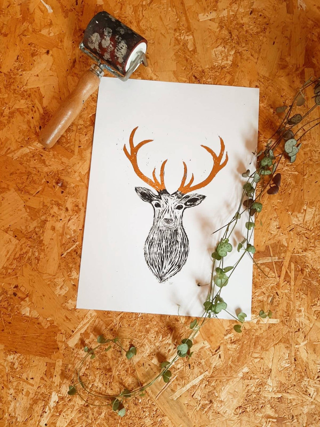 A4 Linocut Print Stag With Rose Gold Antlers. - Etsy