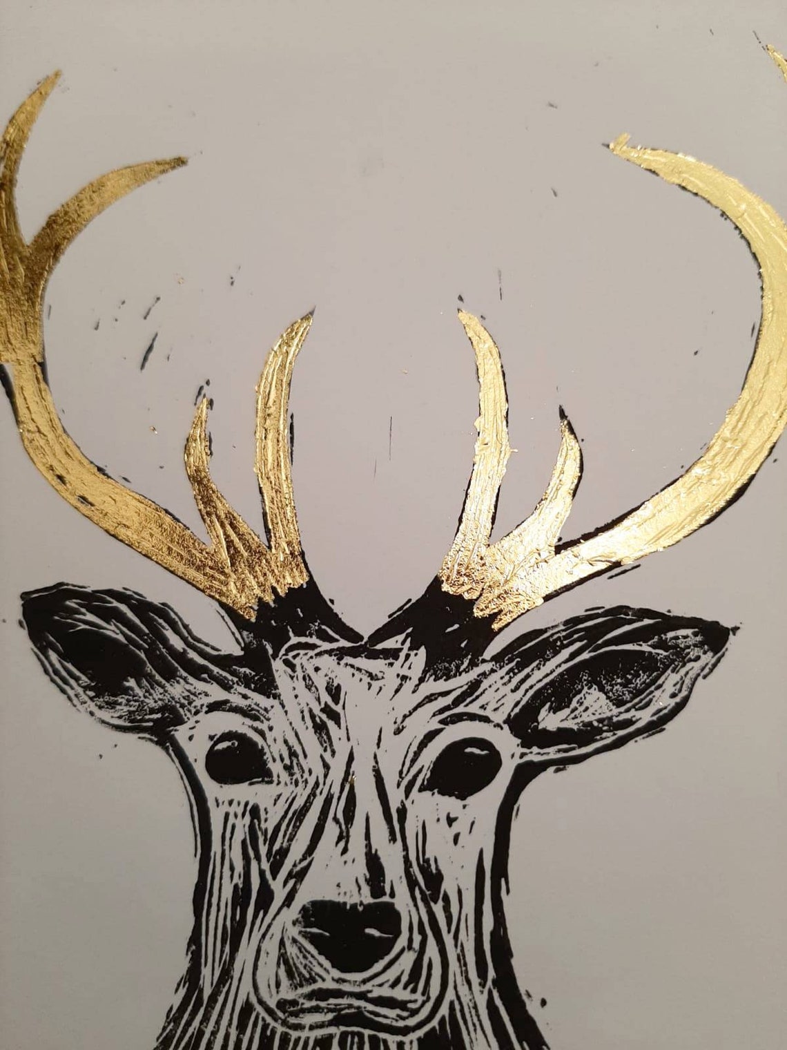 A4 Original Linocut Print With Gold Leaf. Stag With Gold Antlers. - Etsy