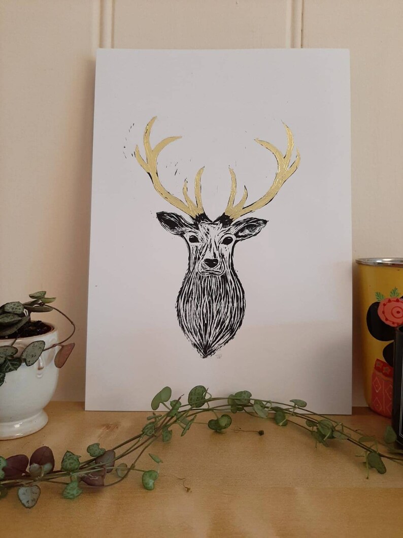 A4 Original Linocut Print With Gold Leaf. Stag With Gold Antlers. - Etsy