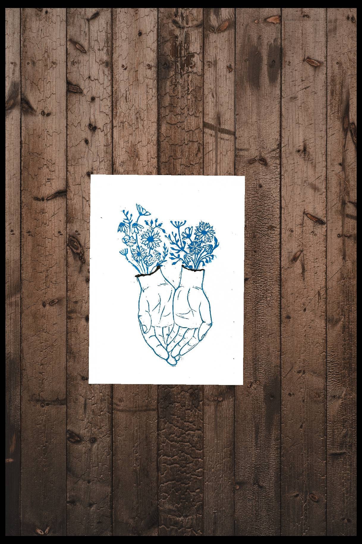 A5 Original Linocut Print. Hands With Flowers. - Etsy