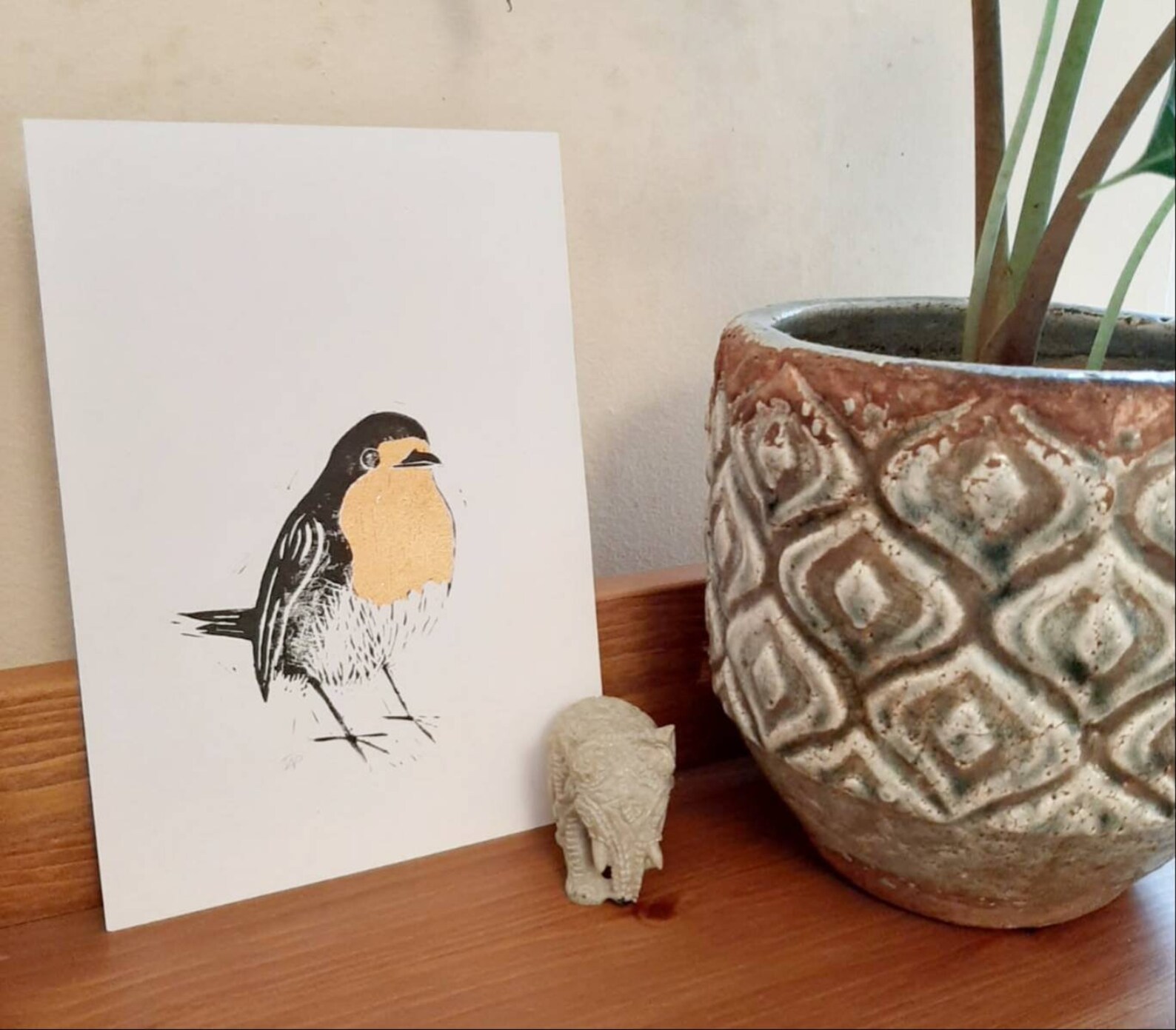 A5 Original Linocut Print of a Robin With Rose Gold Leaf - Etsy