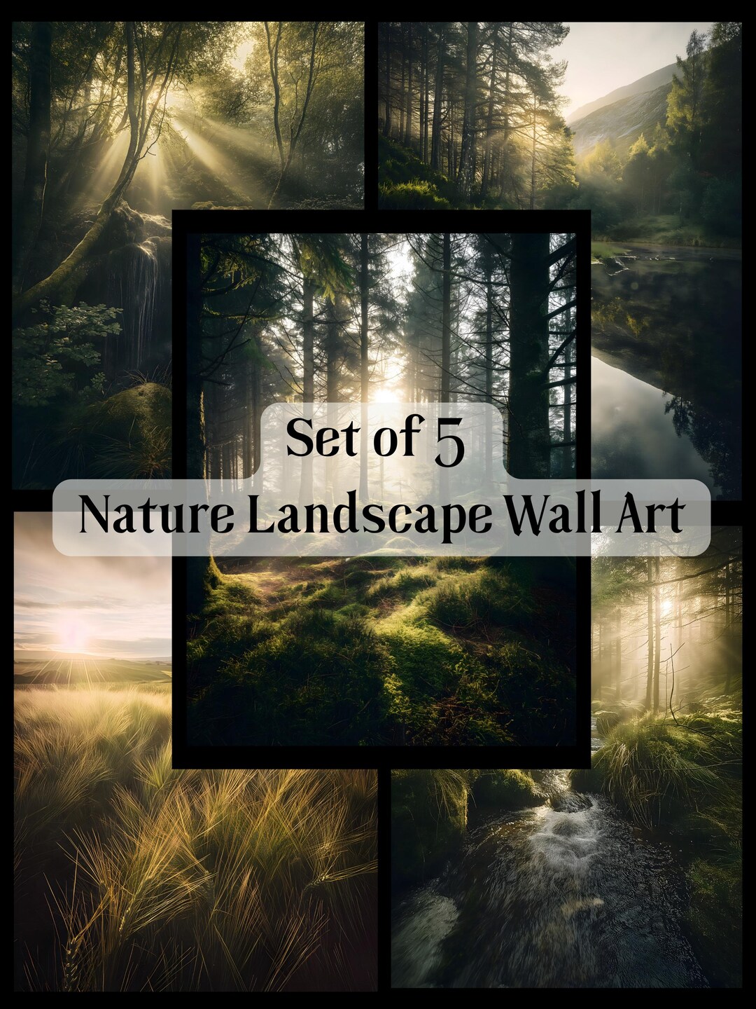 Set of 5 Nature Landscape Wall Art Prints Misty Forest Waterfall ...
