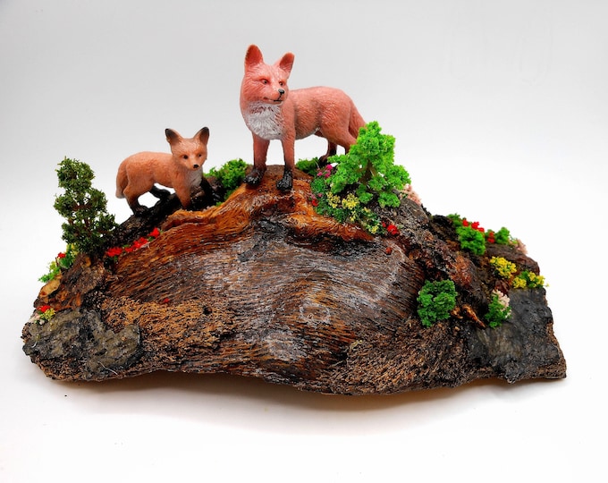 Fox Diorama-fox and Pup-diorama of Mama Fox and Pup-ooak- 7 1/2" X 5 ...