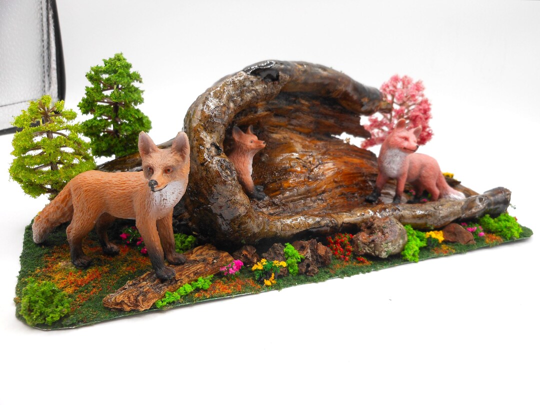 Foxes and Pup-diorama of Mama and Papa Fox and Pup-ooak10 Long X 3 1/4 ...