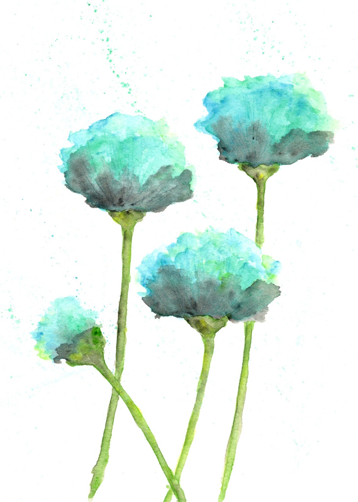 Flower Art Flower Print Blue Mint Green Flower Watercolor - Etsy
