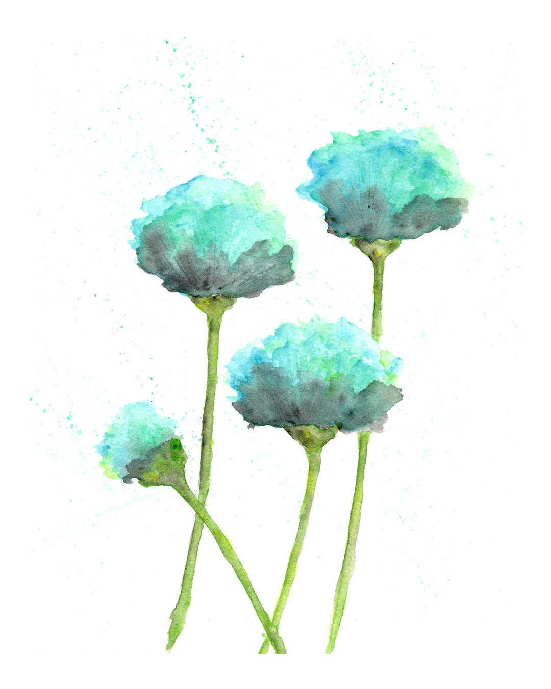 Flower Art, Flower Print, Blue, Mint Green, Flower Watercolor ...
