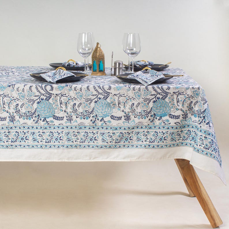 Blue Hand Block Print Tablecloth, Floral Cotton Dining Table Cover ...