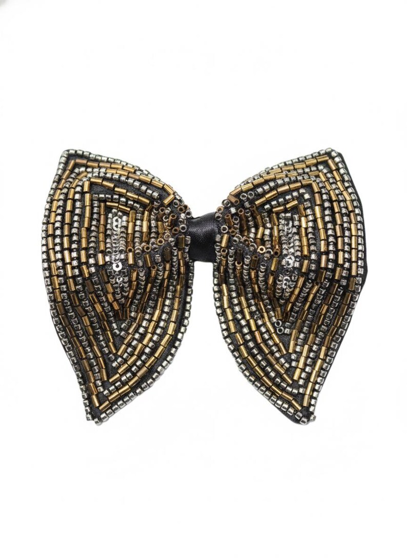 Embroidered Bow Tie Bronze and Silver, Hand Beaded Adjustable - Etsy