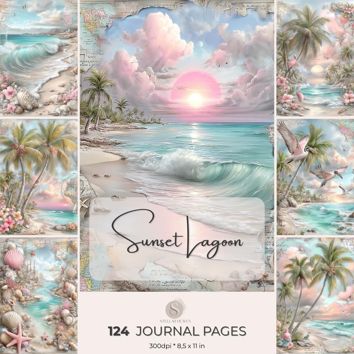 Sunset Lagoon Junk Journal Pages, Coastal Beach Theme, Tropical ...