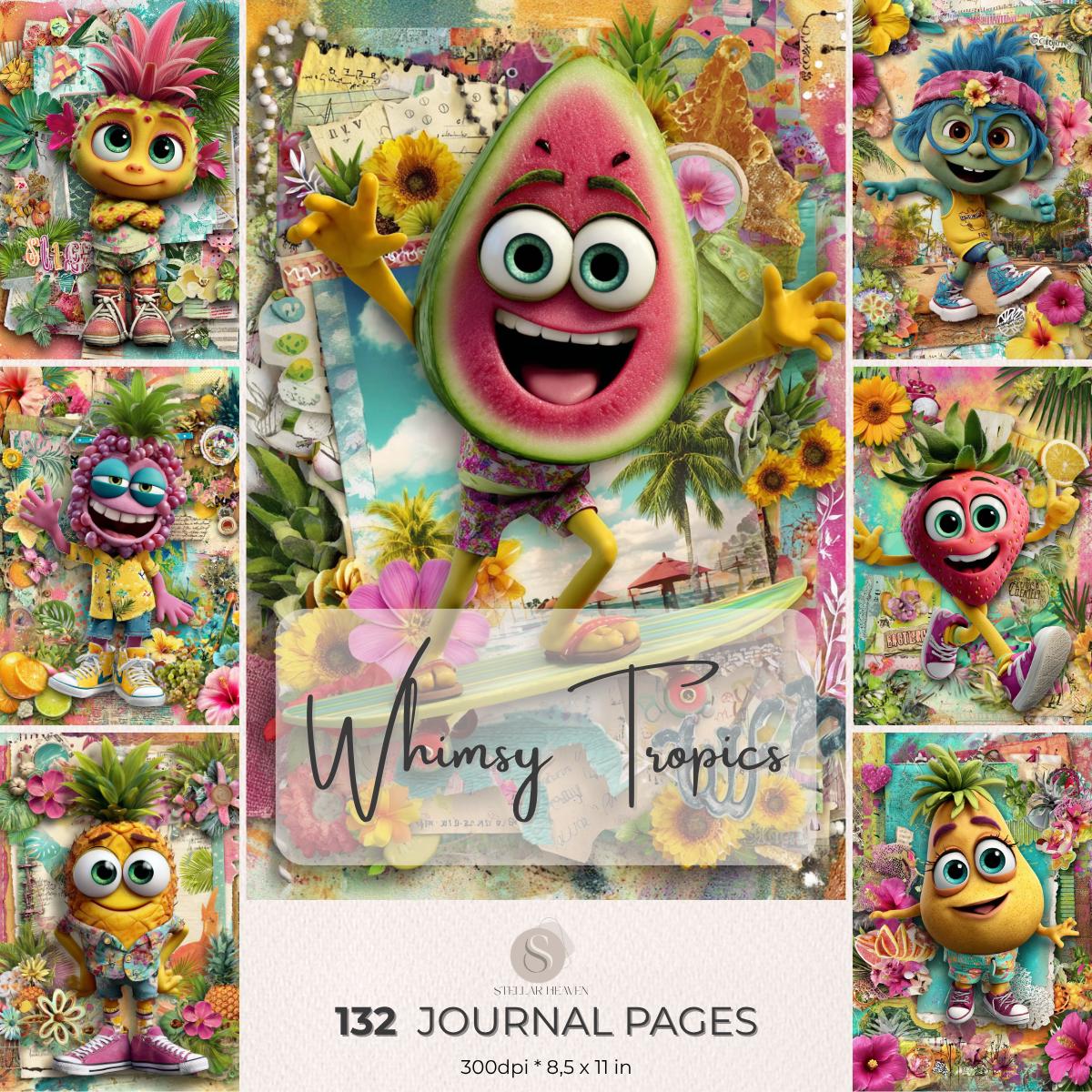 Tropical Junk Journal Pages, Whimsy Tropics Printable Kit, Cute Fruit ...