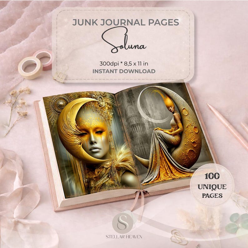 Soluna Junk Journal Pages, Gold Moon Printable Papers, Celestial ...