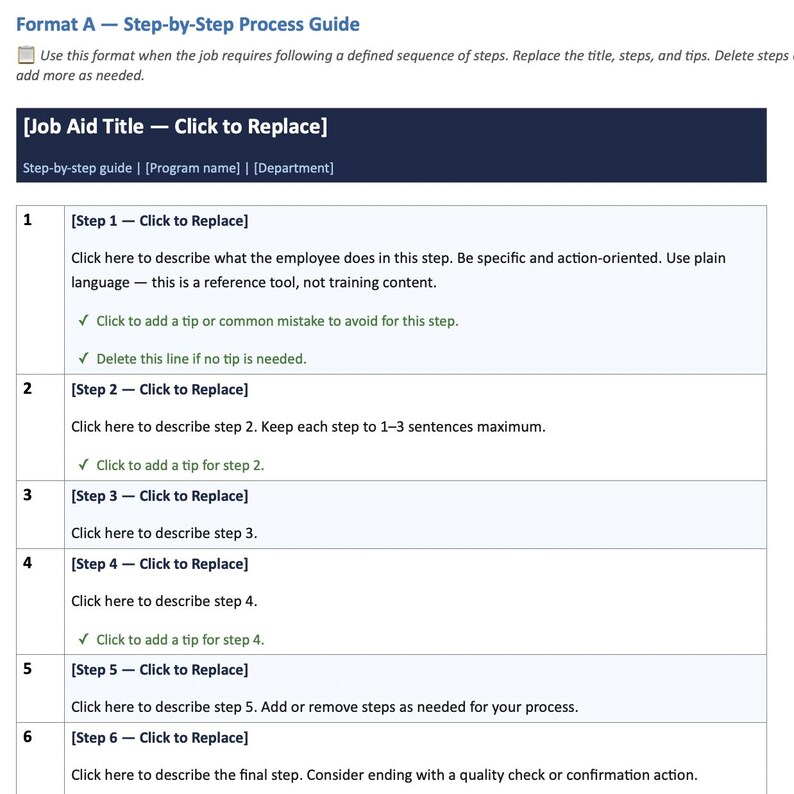Job Aid Template | Quick Reference Card | L&D Template | Canadian ...