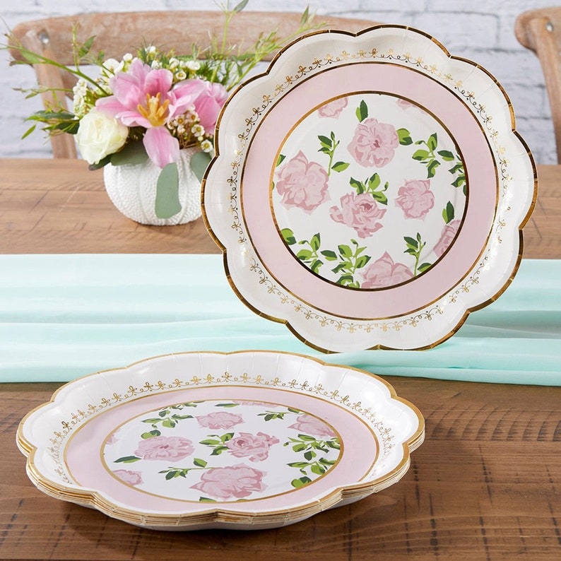 Pink Floral Plates Set of 16 9 Paper Plates Bridal - Etsy