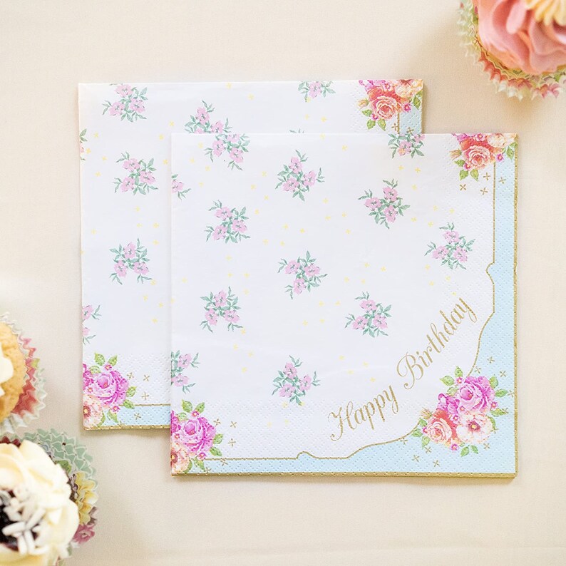 Tea Party Happy Birthday Floral Napkins, Birthday Party, Baby Shower ...