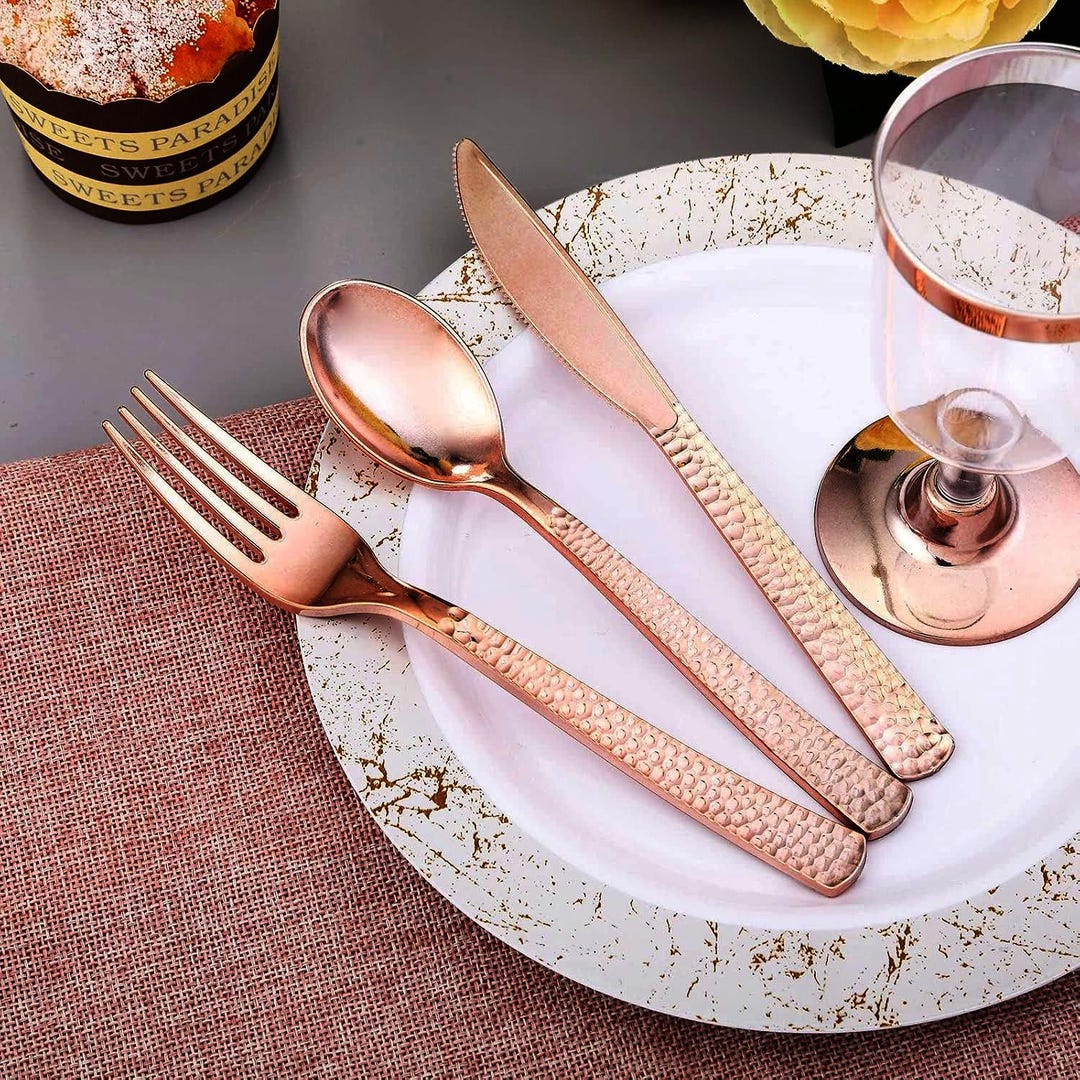 60 Rose Gold Cutlery - Hammered Rose Gold Wedding, Rose Gold Party ...