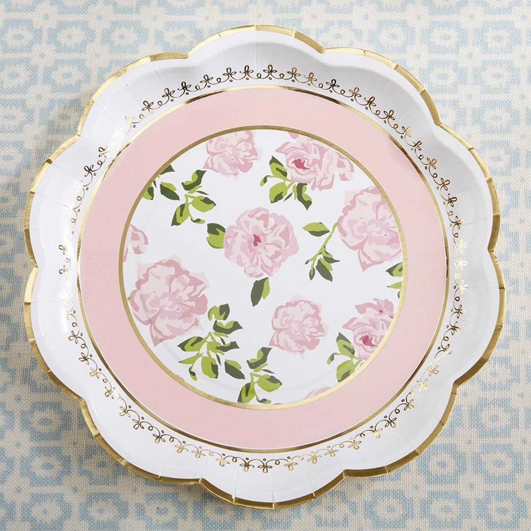 Pink Floral Plates , Set of 16 , 9" Paper Plates - Bridal Shower ,baby ...