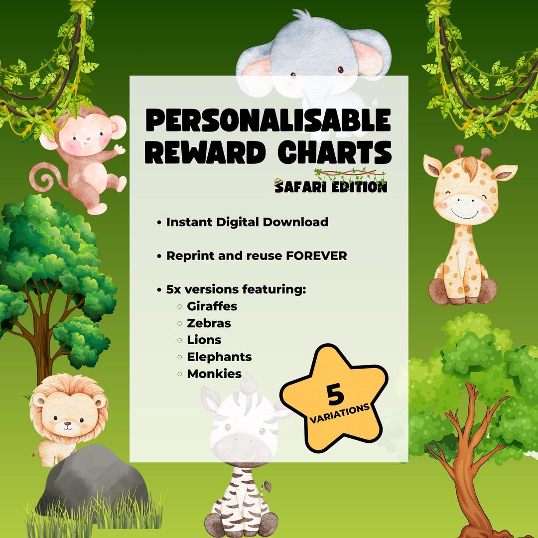 5x Safari Reward Chart Printable | Behavior Tracker | Lion, Elephant ...