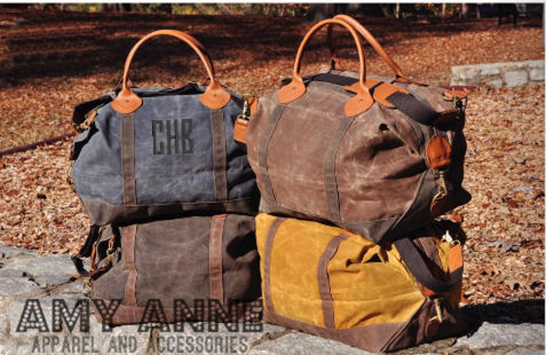 Mens Waxed Canvas Monogrammed Weekender Satchel Duffle Luggage