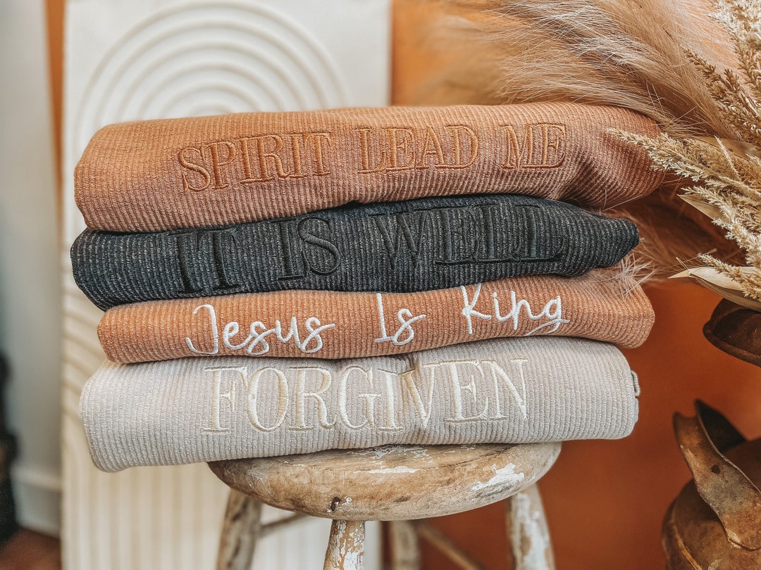 Embroidered Christian Cord Sweatshirt | Religous Faith Crew Neck ...