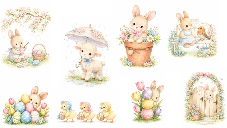 Watercolor Easter Bunny Clipart Bundle – 64 PNG Spring Animals ...