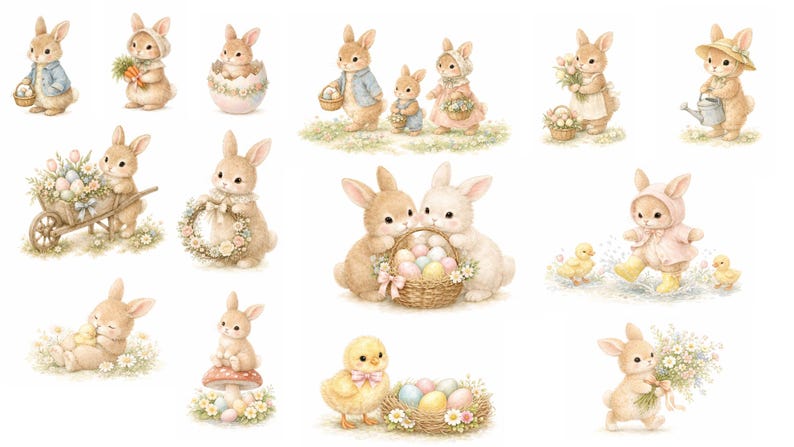 Watercolor Easter Bunny Clipart Bundle – 64 PNG Spring Animals ...