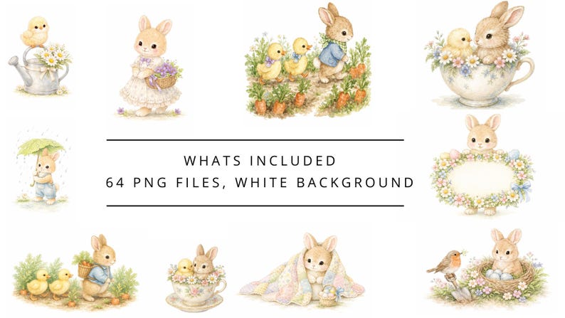 Watercolor Easter Bunny Clipart Bundle – 64 PNG Spring Animals ...