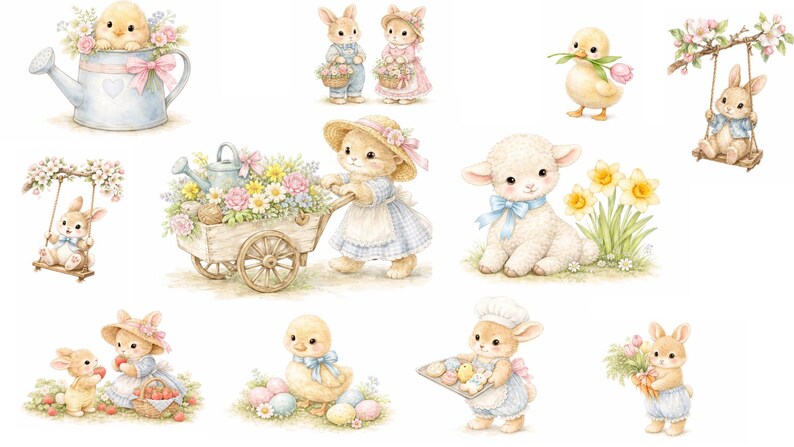 Watercolor Easter Bunny Clipart Bundle – 64 PNG Spring Animals ...