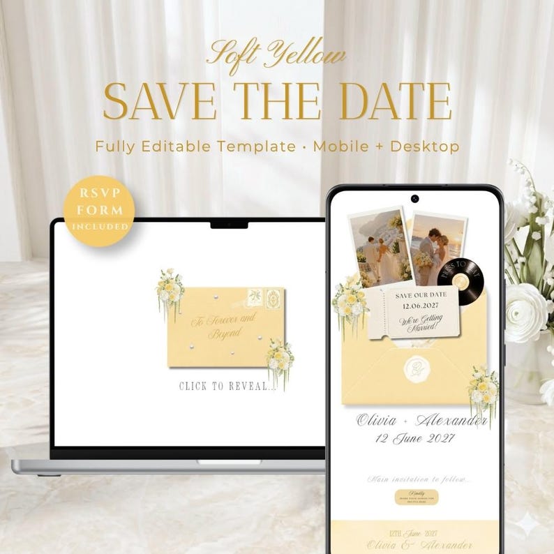 Yellow Save the Date Template, Romantic Wedding Website With Song ...