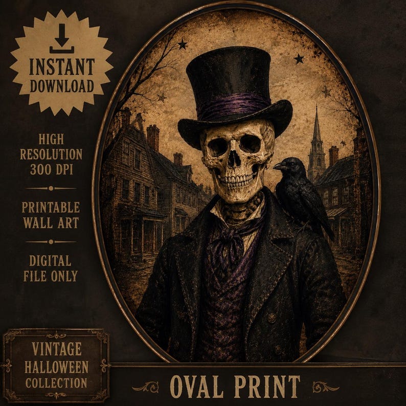 Gothic Skeleton Raven Oval Print, Vintage Victorian Halloween Wall Art ...